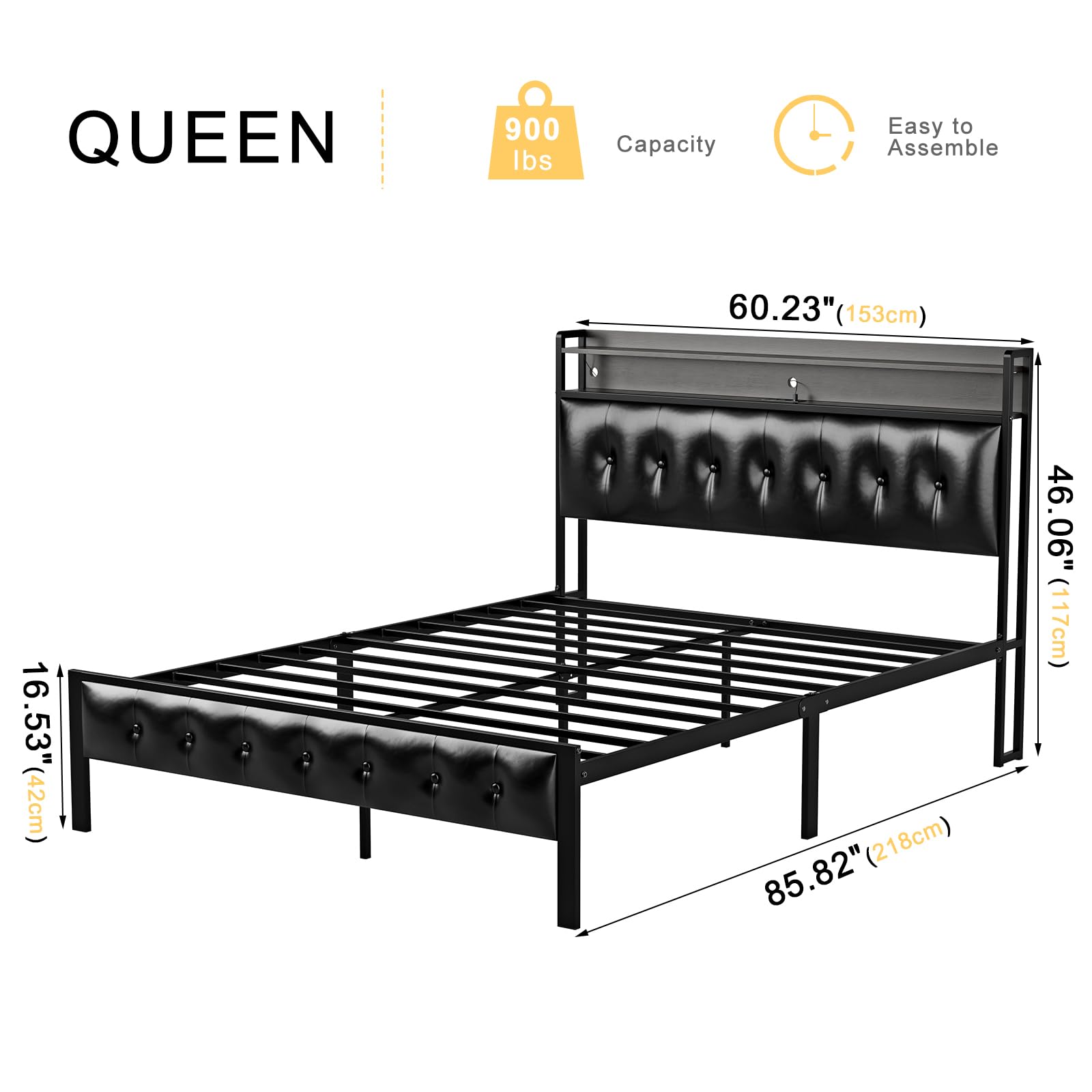 HAUSOURCE Queen Bed Frame with Storage Headboard & Footboard Upholstered Platform Bed with LED Lights USB Ports & Outlets No Box Spring Needed