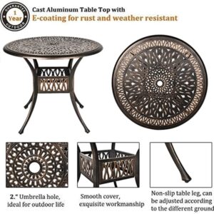 TITIMO 5-Piece Cast Aluminum Outdoor Patio Dining Set, 4 Pattern Chairs and 35.4" Round Table,Cast Aluminum Conversation Set with 2.2” Umbrella Hole (Without Cushions, 1 Round Table + 4 Chairs)