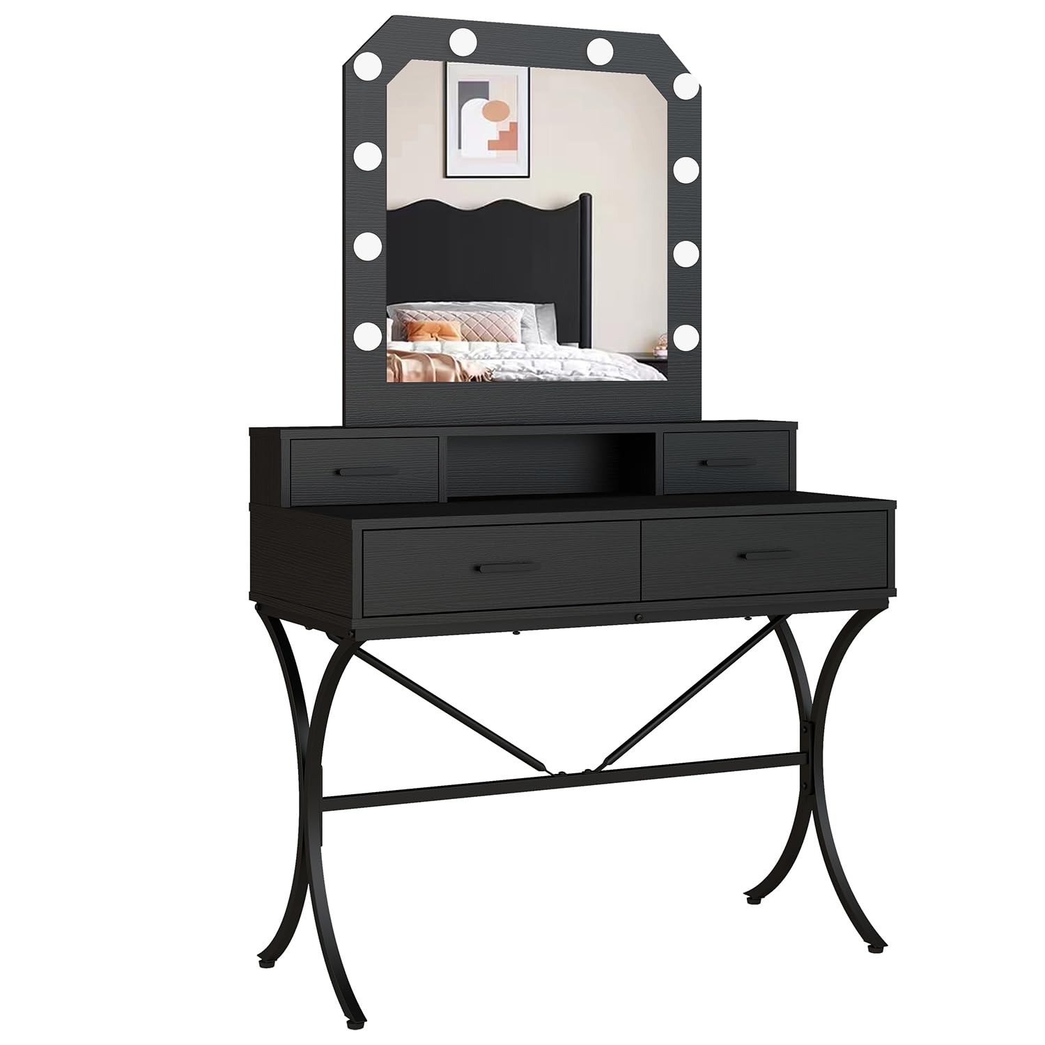 Vanity Table with Lighted Mirror, Modern Makeup Vanity Table with 10 Lights Makeup Desk 4 Drawer Storage Dressing Table for Bedroom (Black)