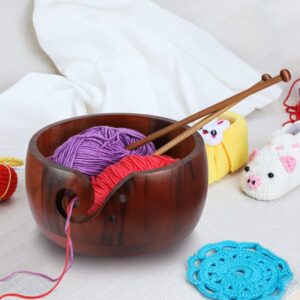 LucyPhy Wooden Yarn Bowl 6.7 x 3.2inch Handmade Craft Knitting Bowl Wool Storage Basket with Carved Holes & Drills for DIY Knitting Crocheting Accessories(Brown Color)