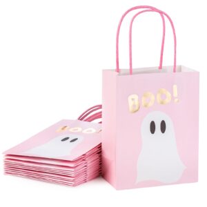 wrapaholic 12 pack 7" small halloween kraft paper gift bags - pink ghost boo design for hallowen, holiday, party gift wrap