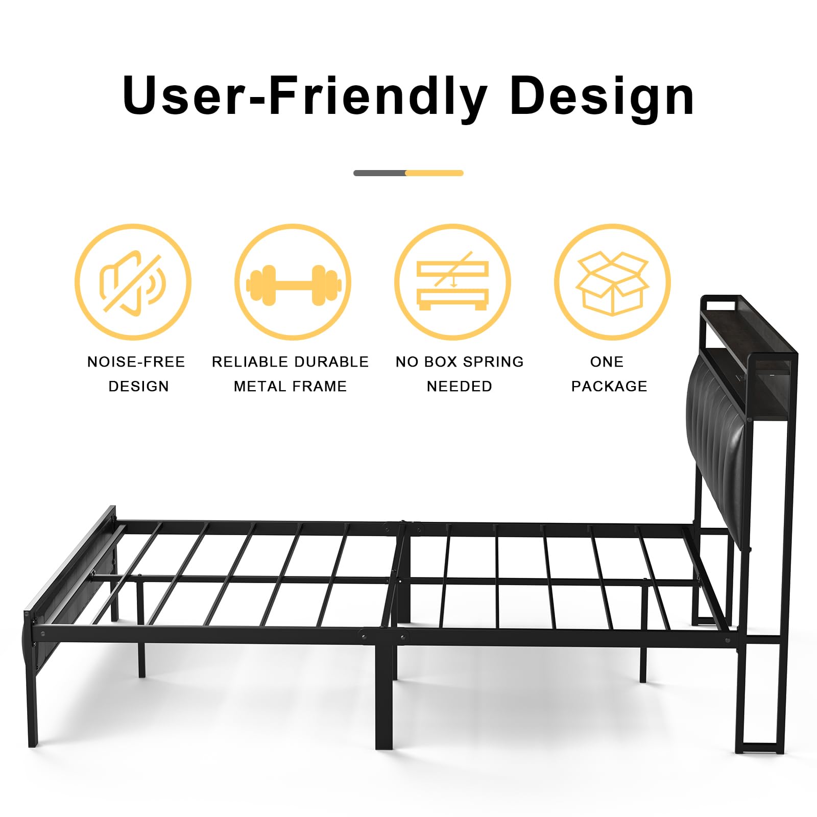 HAUSOURCE Queen Bed Frame with Storage Headboard & Footboard Upholstered Platform Bed with LED Lights USB Ports & Outlets No Box Spring Needed