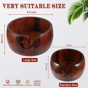 LucyPhy Wooden Yarn Bowl 6.7 x 3.2inch Handmade Craft Knitting Bowl Wool Storage Basket with Carved Holes & Drills for DIY Knitting Crocheting Accessories(Brown Color)