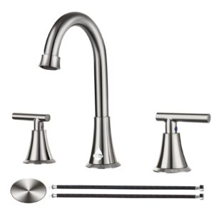 bathroom sink faucet, faucet for bathroom sink, widespread 3 hole stainless steel lead-free, 2 handle 360° swivel spout faucet with pop-up drain & supply hoses for bathroom vanity lavatory