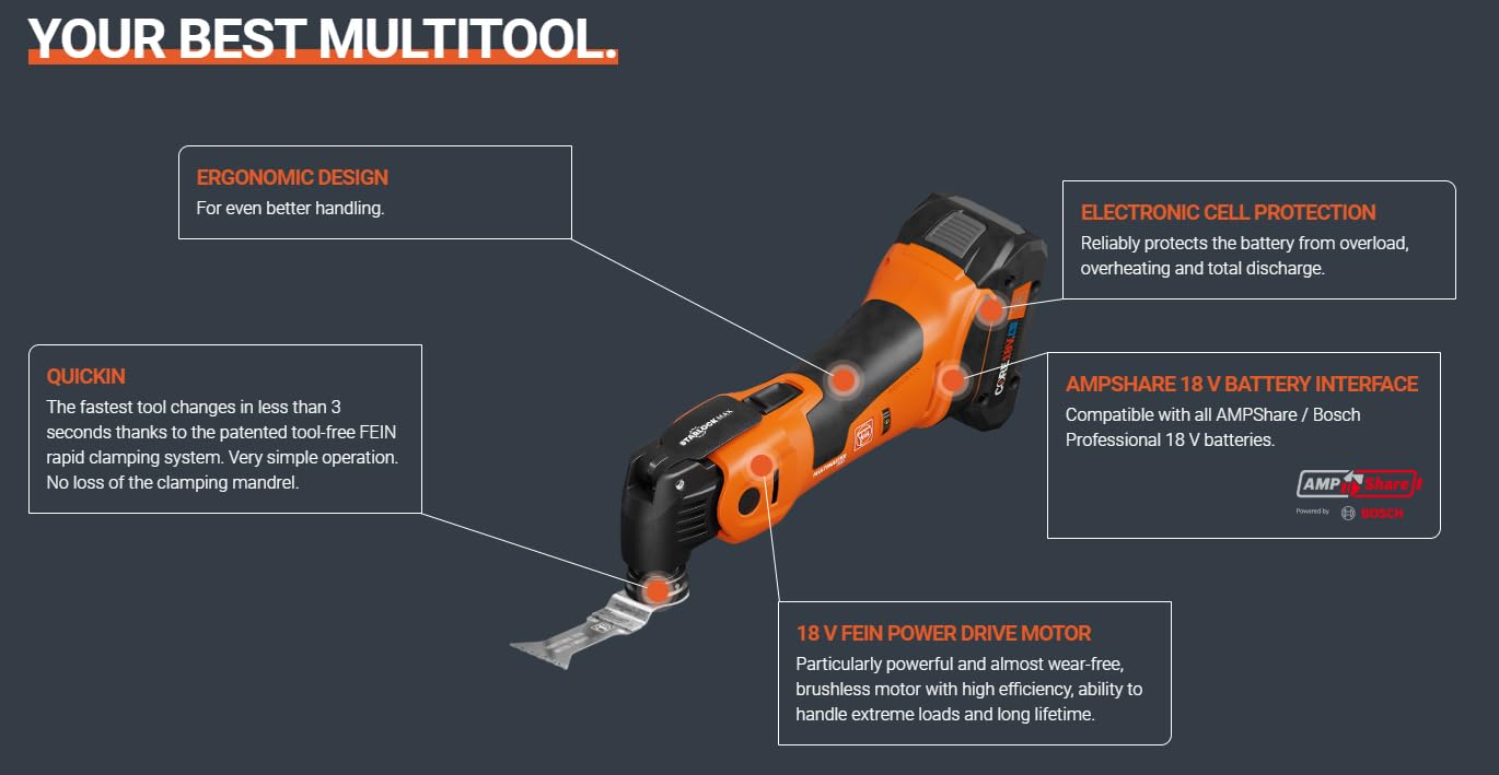 Fein MultiMaster AMM 700 Max Top Cordless Oscillating Multi-Tool Kit with QuickIN System - StarLockMax Mount, 18 V AMPShare, 4 Ah - 71293661090