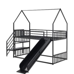 House Bunk Bed Twin Over Twin, Low Bunk Bed with Slide and Storage Stairs, Heavy-Duty Metal Playhouse Bunk Bed Frame for Kids Boys Girls Teens, Black