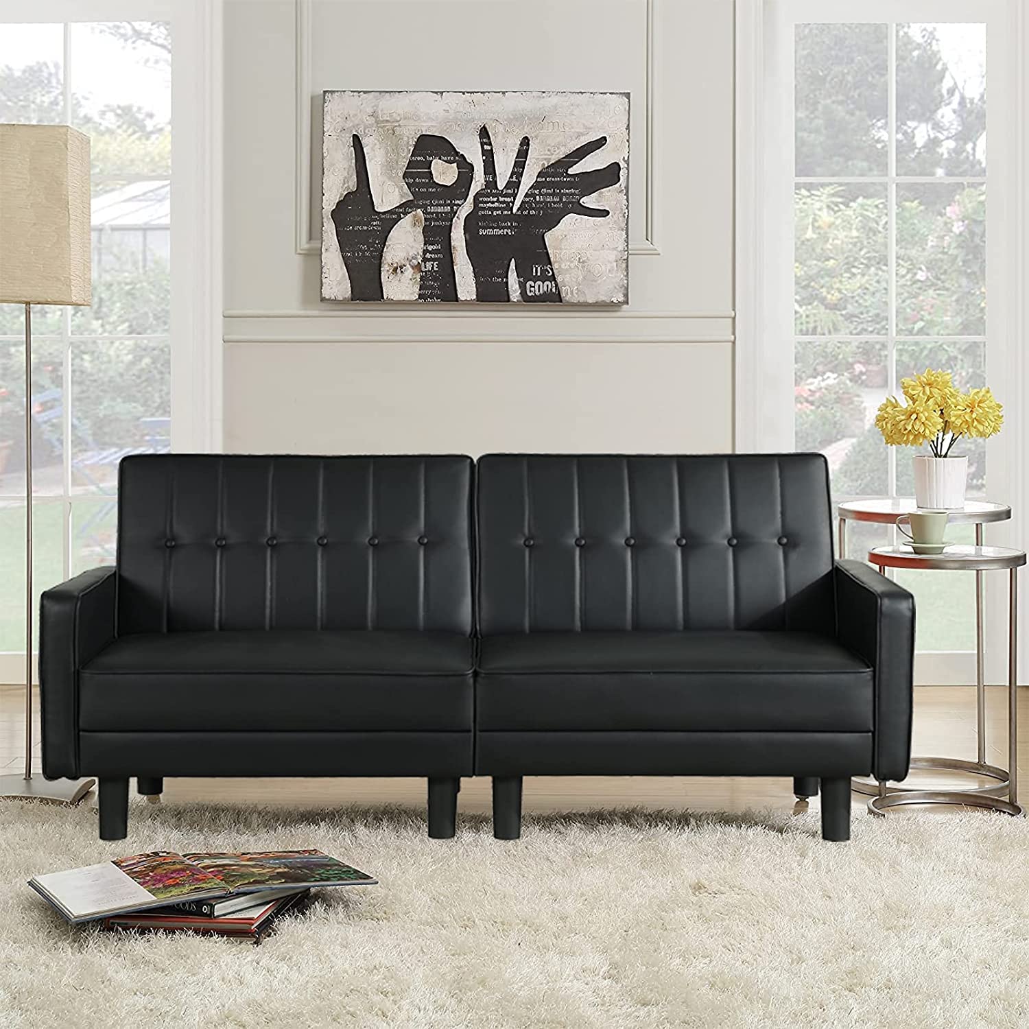 SAMERY Futon Sofa Bed Couch and Sleeper Sofas for Living Room, Faux Leather Convertible Folding Sofa Bed Couch and Loveseat for Small Space with Side Pockets Armrest and Sturdy Legs (Black)