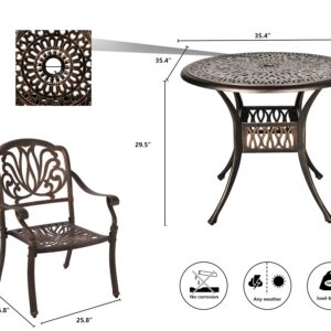 TITIMO 5-Piece Cast Aluminum Outdoor Patio Dining Set, 4 Pattern Chairs and 35.4" Round Table,Cast Aluminum Conversation Set with 2.2” Umbrella Hole (Without Cushions, 1 Round Table + 4 Chairs)