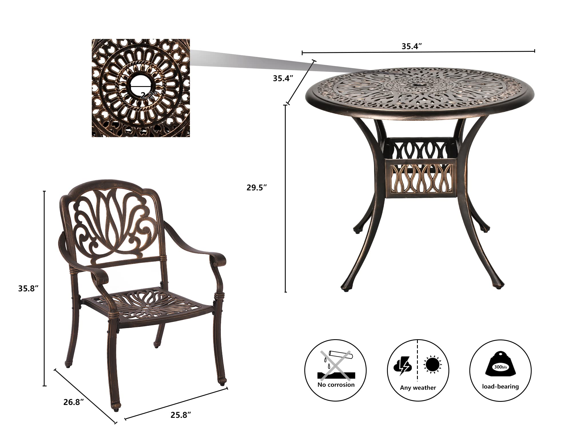 TITIMO 5-Piece Cast Aluminum Outdoor Patio Dining Set, 4 Pattern Chairs and 35.4" Round Table,Cast Aluminum Conversation Set with 2.2” Umbrella Hole (Without Cushions, 1 Round Table + 4 Chairs)