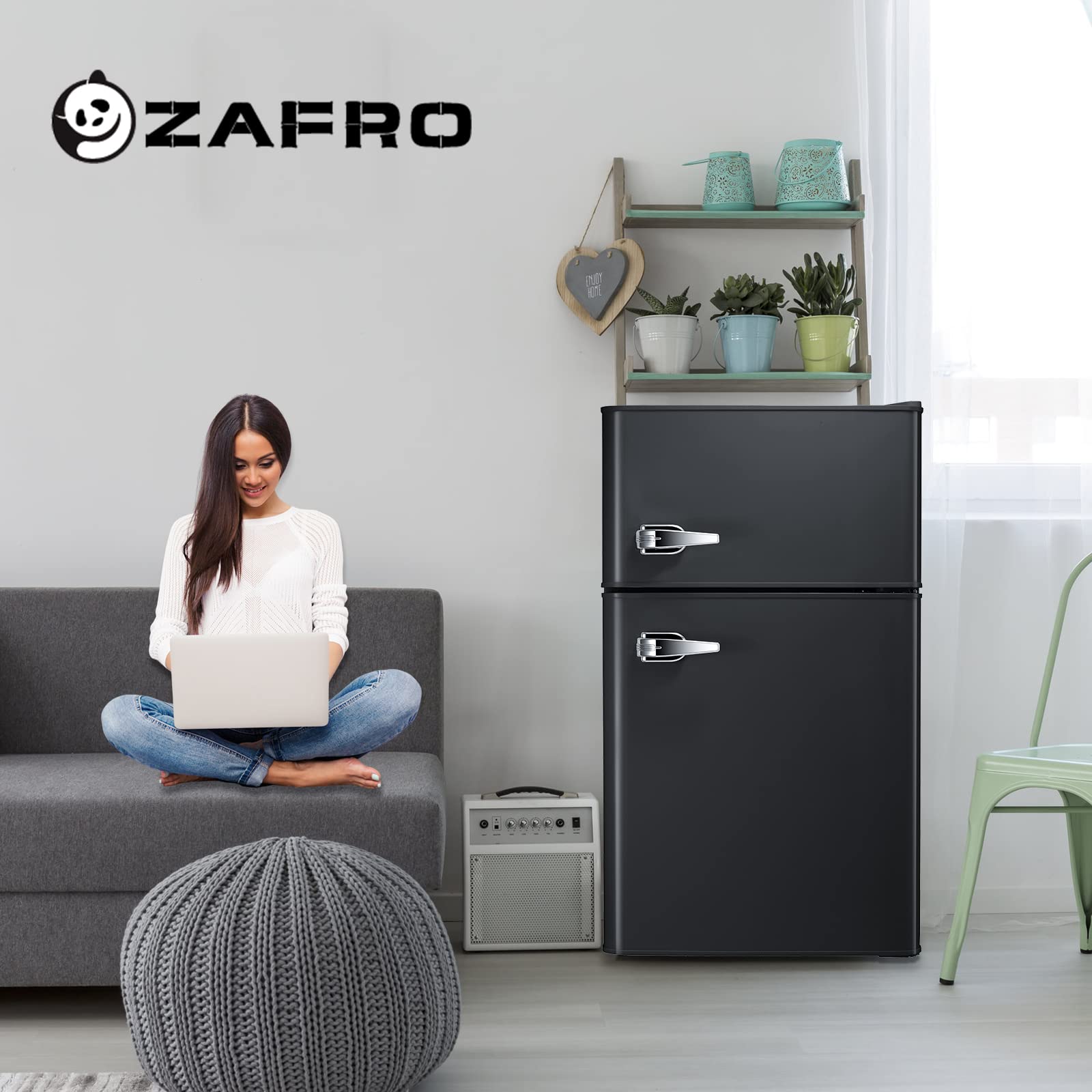 ZAFRO 3.2 Cu.ft. Refrigerator with Double Doors, Mini Fridge with Freezer, Fridge with Adjustable Thermostat 20" D x 19" W x 33.5" H, Compact Refrigerator for Dorm Apartment Office Kitchen