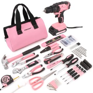 comoware 171pcs home tool kit with drill, pink drill set for women, lady's home repairing tool kit with 20v power drill, with a large-capacity tool storage bag