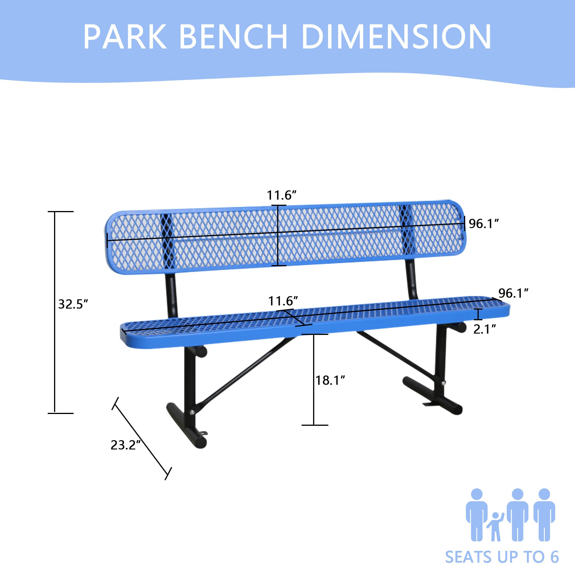 SUNDALY 8 Feet Heavy Duty Metal Park Bench with Back for Outside, Outdoor Bench with Portable Frame