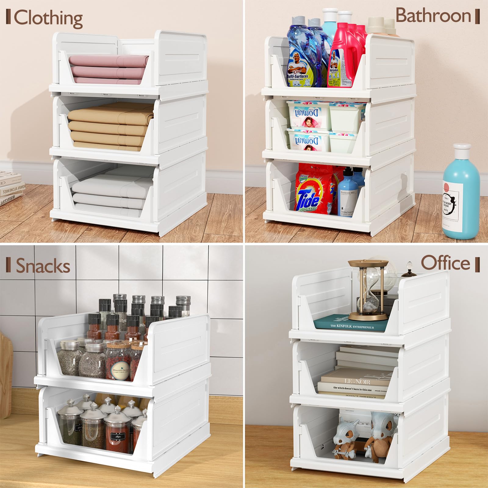 6 Pack Folding Closet Organizers Storage Box, Stackable Storage Bins, Plastic Drawer Basket Closet Storage for Wardrobe Cupboard Kitchen Bathroom Office White-6L