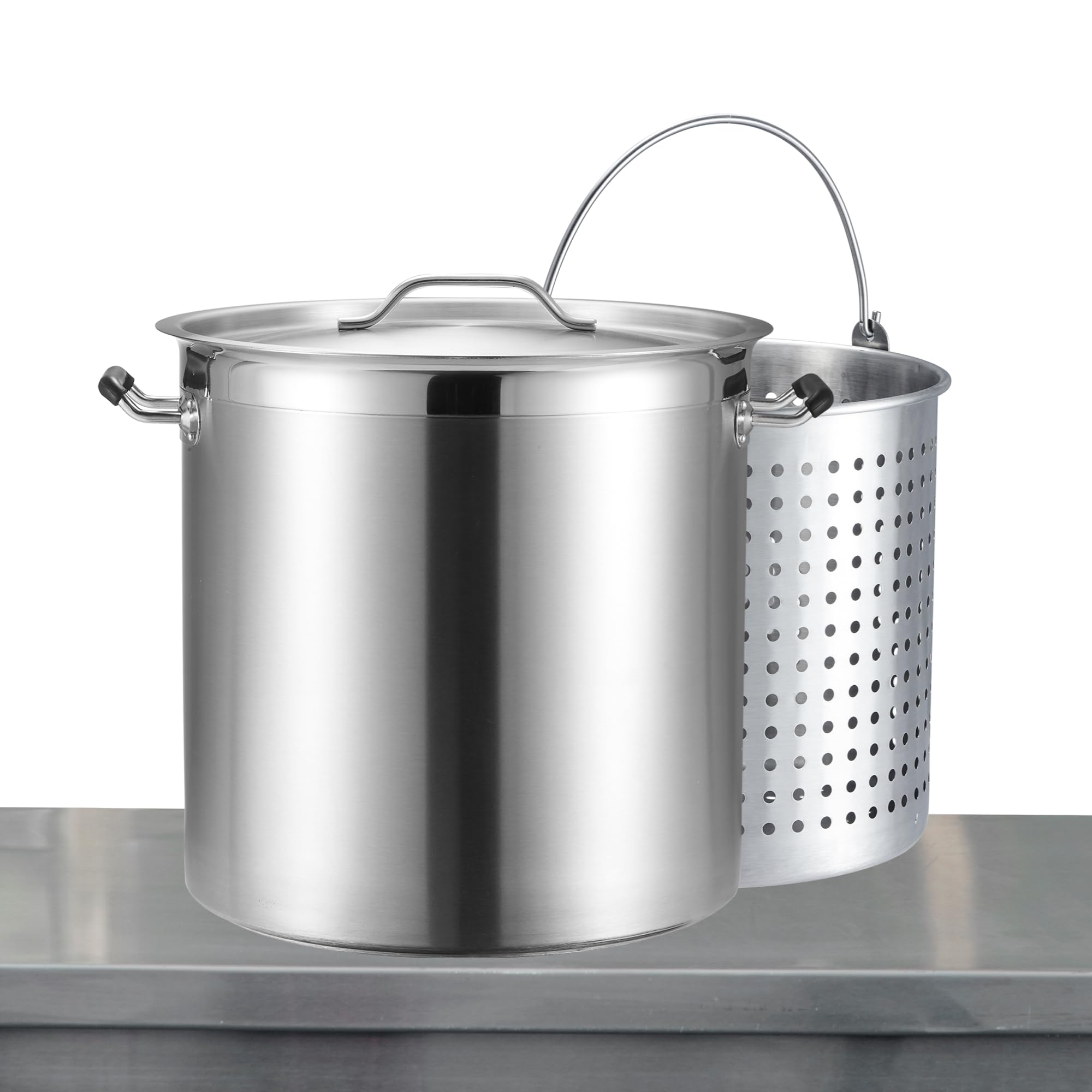 CURTA 32 Quart Large Stock Pot with Lid, NSF Listed, 3-Ply Clad Base, Heavy Gauge 18/8 Stainless Steel Cooking Pot, Commercial Cookware for Soup, Stew & Sauce, Riveted Silicone Handle, Induction Ready