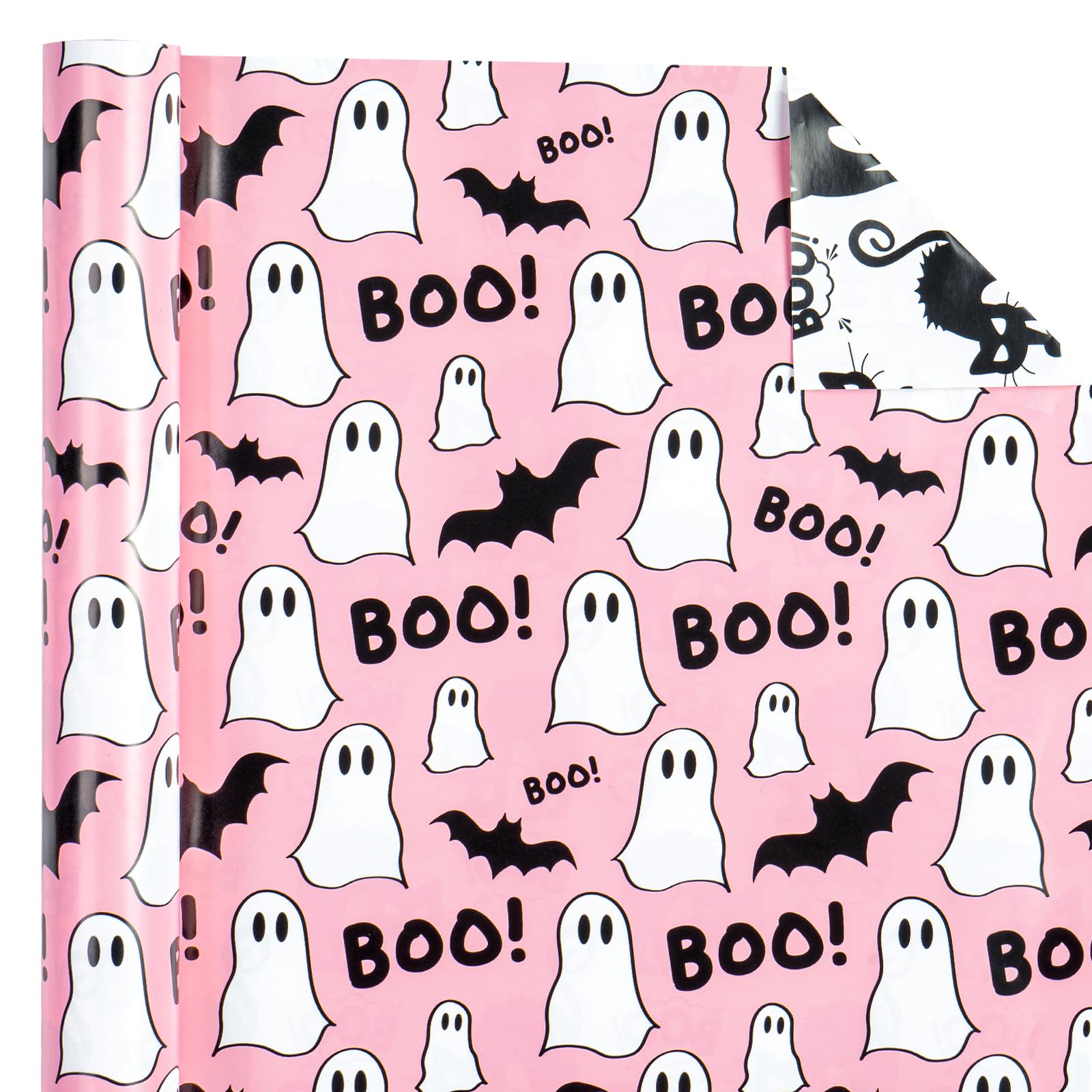 WRAPAHOLIC Halloween Reversible Wrapping Paper Roll - Mini Roll - 17 Inch X 33 Feet - Ghosts and Black Cats Design, Perfect for Halloween Decorations, Holiday, Party