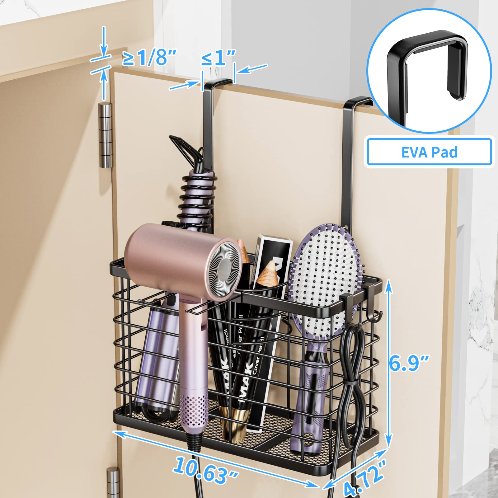 Ovicar Hair Dryer Holder - 3-in-1 Hair Tool Organizer Blow Dryer Holder Adjustable Height Wall Mounted/Cabinet Door Bathroom Organizer Storage for Hair Dryer, Flat Irons, Curling Wands, Straighteners