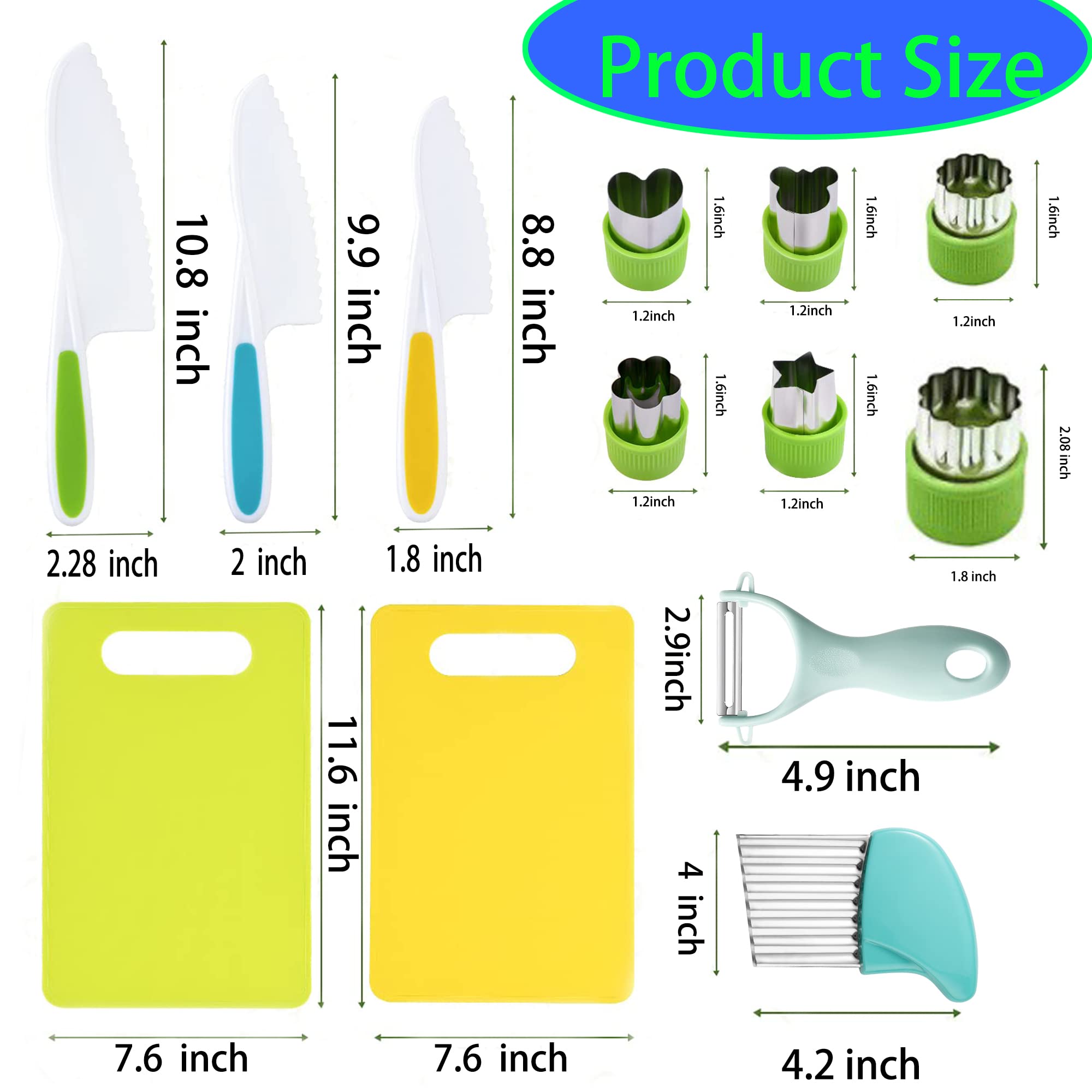 Yuanwovv 13Pcs Montessori Kitchen Tools for Toddlers，Safe Knives Cooking Set, Kids Knives for Real Cooking Toddler Knife Set，with Plastic Toddler Safe Knives Crinkle Cutter Kids Cutting Board.