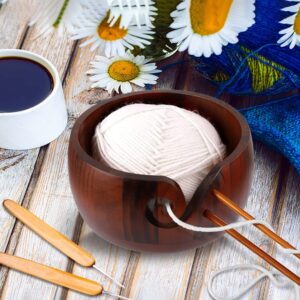 LucyPhy Wooden Yarn Bowl 6.7 x 3.2inch Handmade Craft Knitting Bowl Wool Storage Basket with Carved Holes & Drills for DIY Knitting Crocheting Accessories(Brown Color)