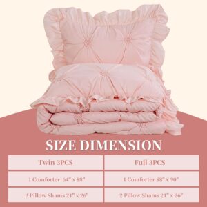 HOMBYS Pink Bedding Comforter Set for Girls, 3 Piece Blush Pinch Pleat Comforter Set with Ruffles for All Season，Twin Size