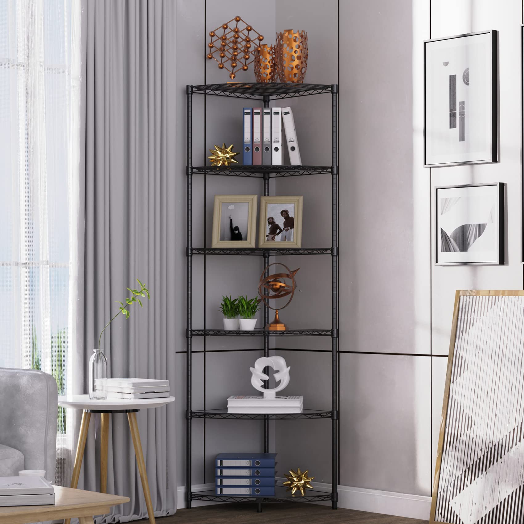 NSF 6-Tier Metal Corner Shelf Wire Shelving Unit - 420 lbs Capacity, Adjustable, with leveling feet & Waterproof Shelf Liners - Ideal for Garage, Kitchen, and More - 72" H x 18" L x 18" D - Black