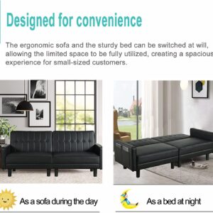 SAMERY Futon Sofa Bed Couch and Sleeper Sofas for Living Room, Faux Leather Convertible Folding Sofa Bed Couch and Loveseat for Small Space with Side Pockets Armrest and Sturdy Legs (Black)