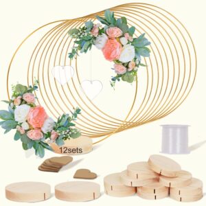 gudelak 12 set 12 inch floral hoop centerpiece table decorations with 2 heart shaped acrylic, gold wedding centerpieces with wood round base for diy wedding decor wall hanging crafts