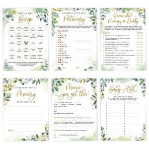 greenery baby shower games for 50 guests, 6 games double-sided cards, gender neutral for boys or girls