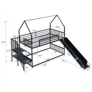 House Bunk Bed Twin Over Twin, Low Bunk Bed with Slide and Storage Stairs, Heavy-Duty Metal Playhouse Bunk Bed Frame for Kids Boys Girls Teens, Black