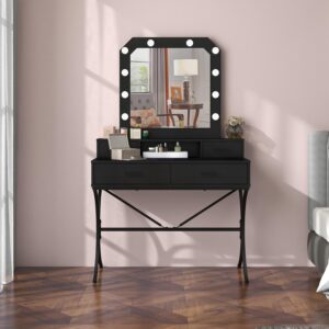 Vanity Table with Lighted Mirror, Modern Makeup Vanity Table with 10 Lights Makeup Desk 4 Drawer Storage Dressing Table for Bedroom (Black)