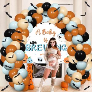 Halloween Baby Shower Decorations for Boys - A Baby is Brewing Backdrop, Blue and Orange Black Bat Balloons Garland Arch Kit