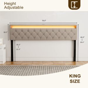 IKIFLY Upholstered King Size Headboard with LED Lights & 2 USB Ports - Adjustable Height - Button Tufted Linen Fabric Padded Headboard, Easy Assembly, King Headboard Only for Bedroom - Light Brown