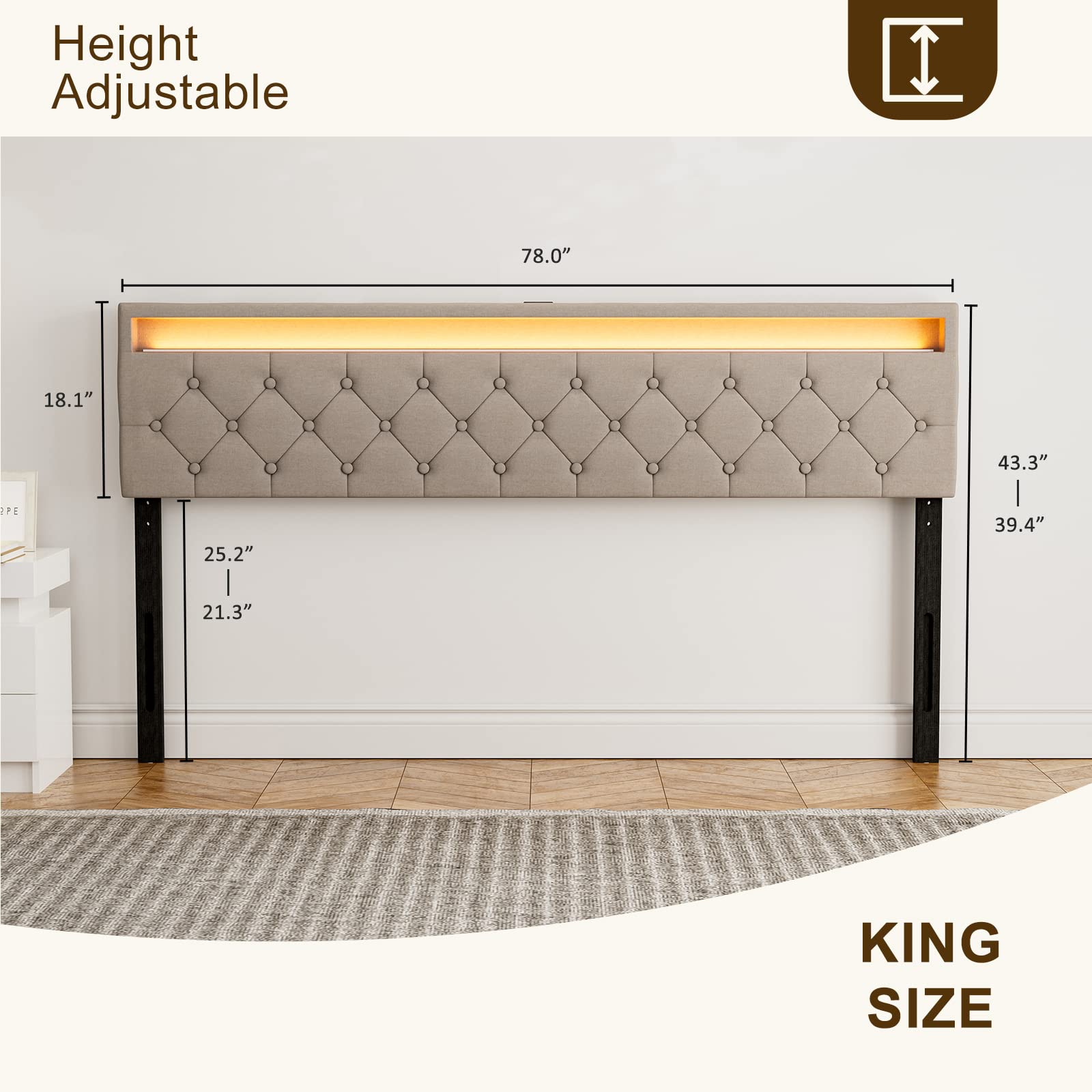 IKIFLY Upholstered King Size Headboard with LED Lights & 2 USB Ports - Adjustable Height - Button Tufted Linen Fabric Padded Headboard, Easy Assembly, King Headboard Only for Bedroom - Light Brown