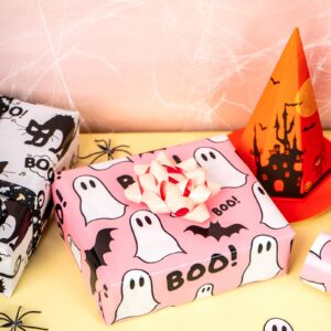 WRAPAHOLIC Halloween Reversible Wrapping Paper Roll - Mini Roll - 17 Inch X 33 Feet - Ghosts and Black Cats Design, Perfect for Halloween Decorations, Holiday, Party