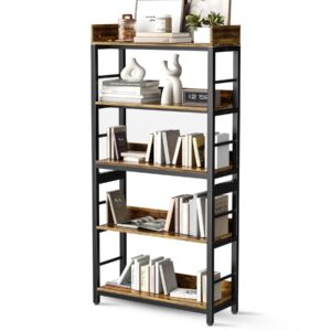 aquzee bookshelf, 66" h 5-tiers heavy duty industrial shelving wood & metal bookcase, rustic and black tall shelf units for home, office, living room