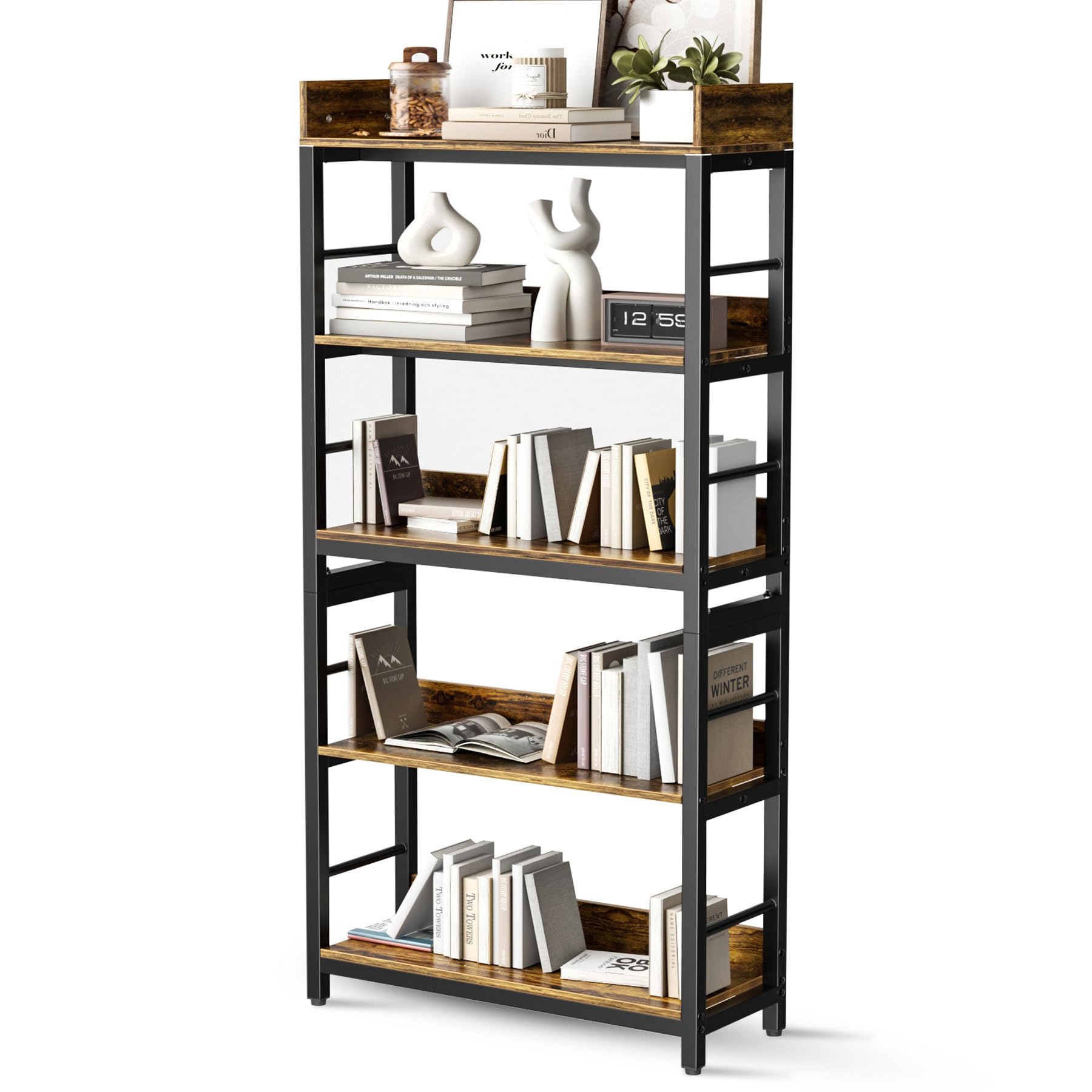 Aquzee Bookshelf, 66" H 5-Tiers Heavy Duty Industrial Shelving Wood & Metal Bookcase, Rustic and Black Tall Shelf Units for Home, Office, Living Room