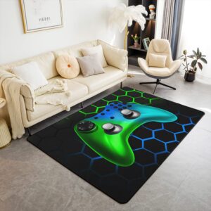 gamer area rug 3'x5' gaming honeycomb blue green rugs mat for living room bedroom game room decor grey decor gamepad carpet non slip modern game console controller area runner rug