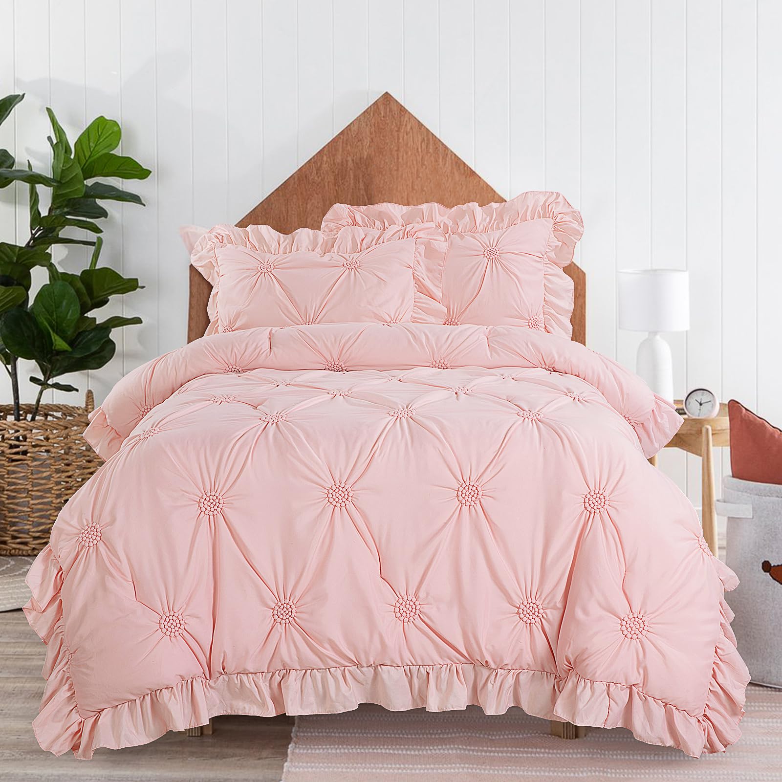 HOMBYS Pink Bedding Comforter Set for Girls, 3 Piece Blush Pinch Pleat Comforter Set with Ruffles for All Season，Twin Size