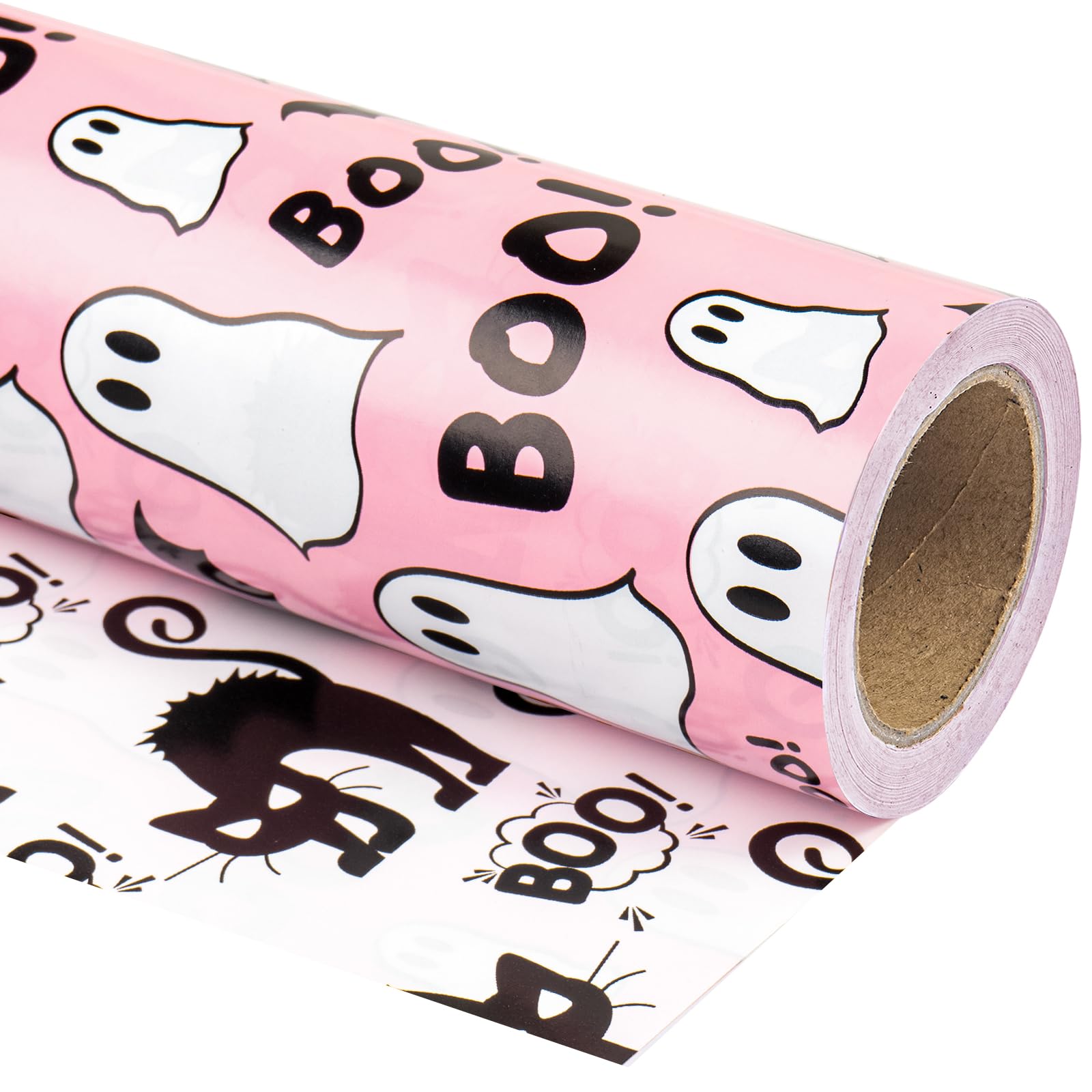 WRAPAHOLIC Halloween Reversible Wrapping Paper Roll - Mini Roll - 17 Inch X 33 Feet - Ghosts and Black Cats Design, Perfect for Halloween Decorations, Holiday, Party