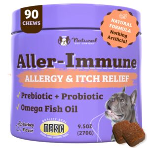 natural dog company aller-immune chews (90 pieces), turkey flavor, canine-specific probiotics, allergy immune supplement for dogs, boosts immune system, antioxidant, itch relief for dogs