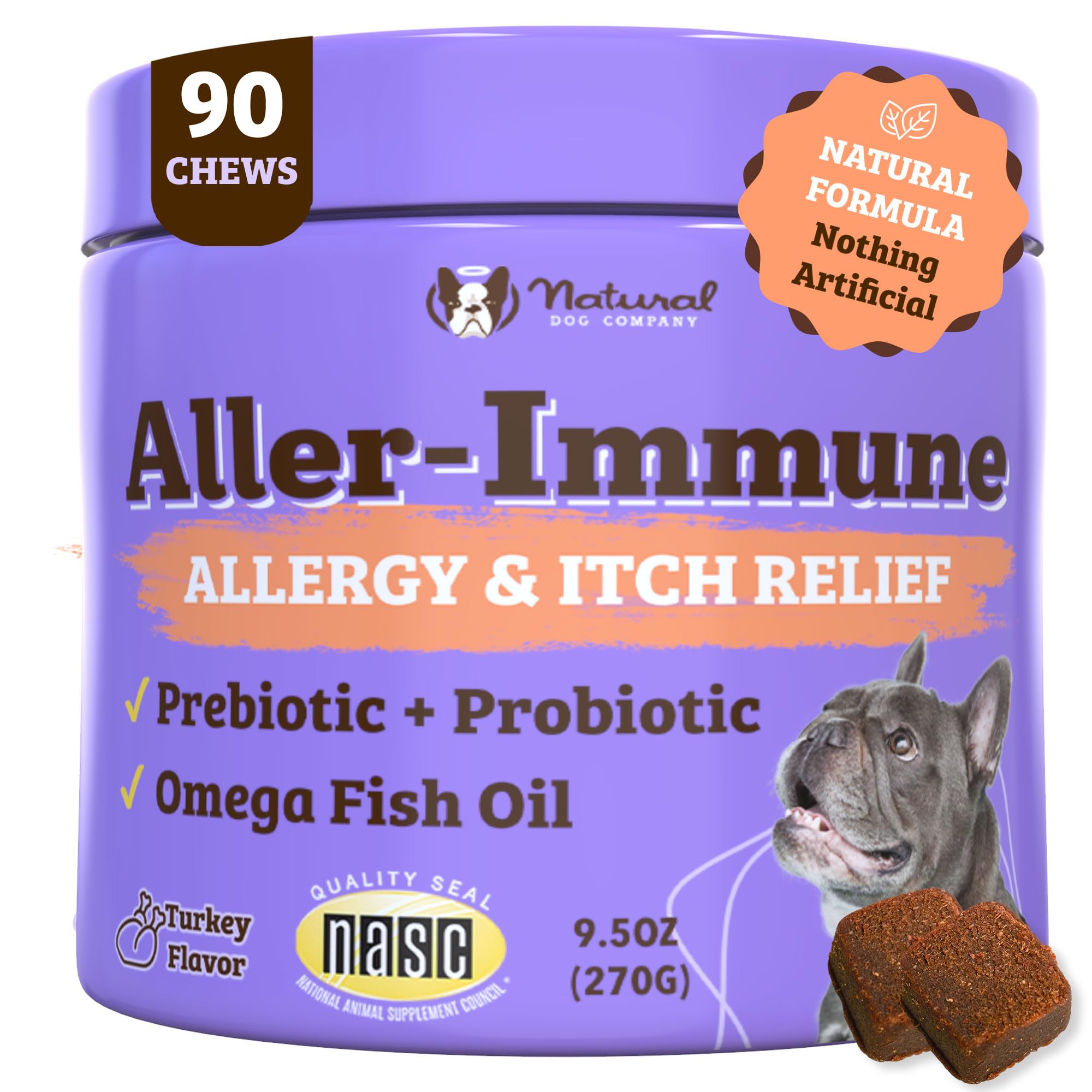 Natural Dog Company Aller-Immune Chews (90 Pieces), Turkey Flavor, Canine-Specific Probiotics, Allergy Immune Supplement for Dogs, Boosts Immune System, Antioxidant, Itch Relief for Dogs