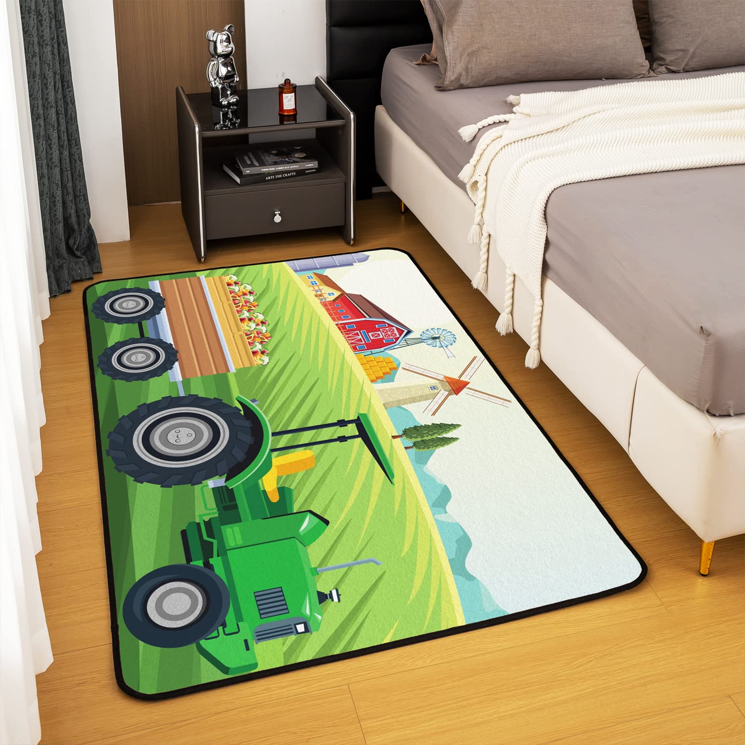 Tractor Area Rug 3'x5' Cartoon Farm Equipment Trucks Rugs Mat for Green Construction Car Living Room Bedroom Decor Harvester Tractor Carpet Non Slip Area Runner Rug