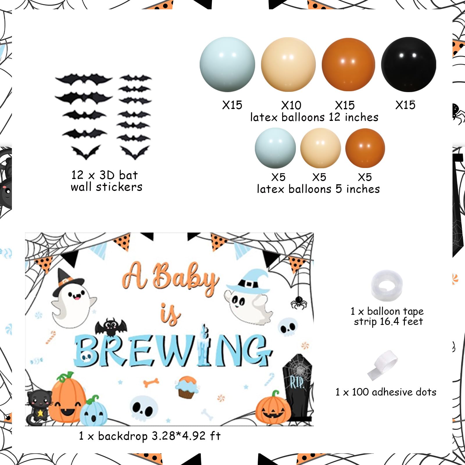 Halloween Baby Shower Decorations for Boys - A Baby is Brewing Backdrop, Blue and Orange Black Bat Balloons Garland Arch Kit