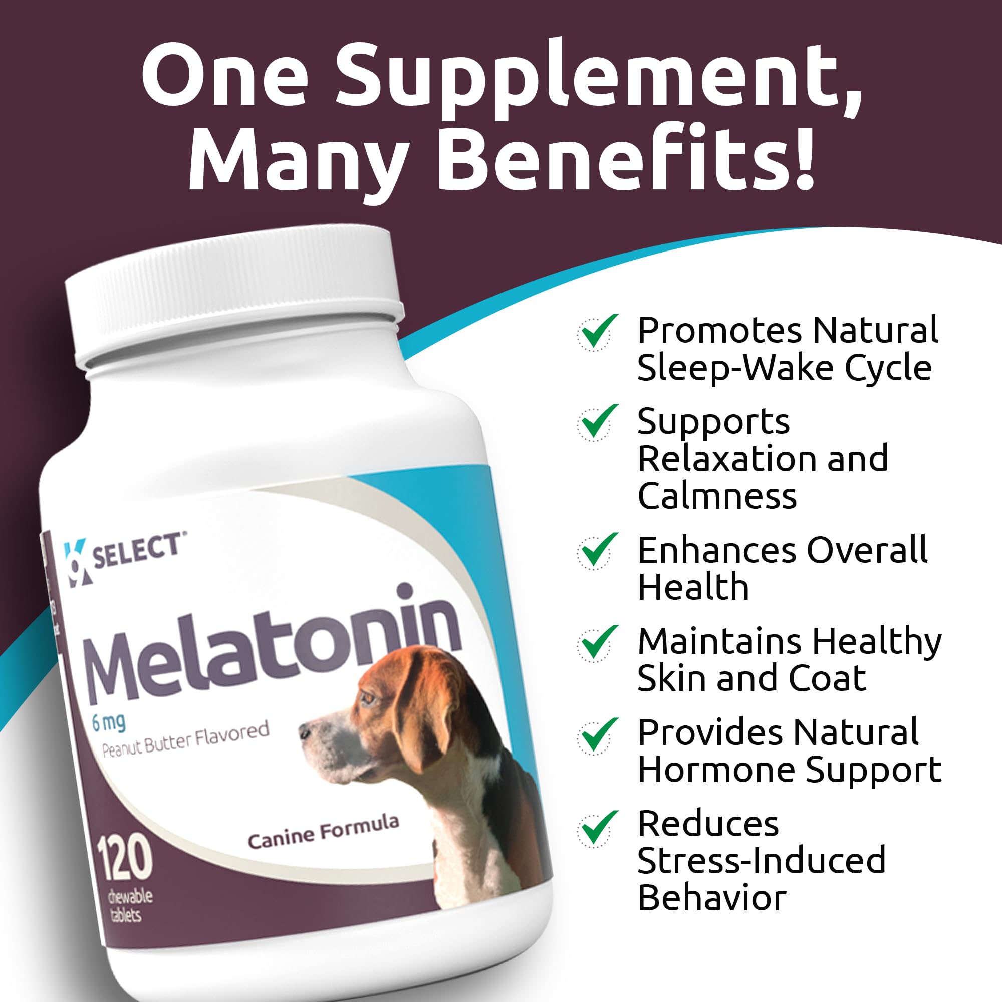 K9 Select Melatonin for Dogs - Calming Chews - Dog Melatonin for Sleep - Reduce Stress, Helps Composure Calming Treats for Large Dogs - 6 mg, 120 Peanut Butter Flavored Chewable Tablets