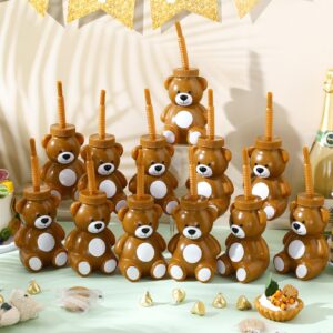 Maxdot 24 Pieces Baby Shower Birthday Party Favor Gift Supplies Bear Cups with Straws,10 oz Plastic Bear Shape Cup Reusable Creative Cups Bulk for Baby Shower Birthday Gift Wedding Party Favors(Brown)