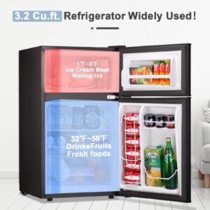 ZAFRO 3.2 Cu.ft. Refrigerator with Double Doors, Mini Fridge with Freezer, Fridge with Adjustable Thermostat 20" D x 19" W x 33.5" H, Compact Refrigerator for Dorm Apartment Office Kitchen