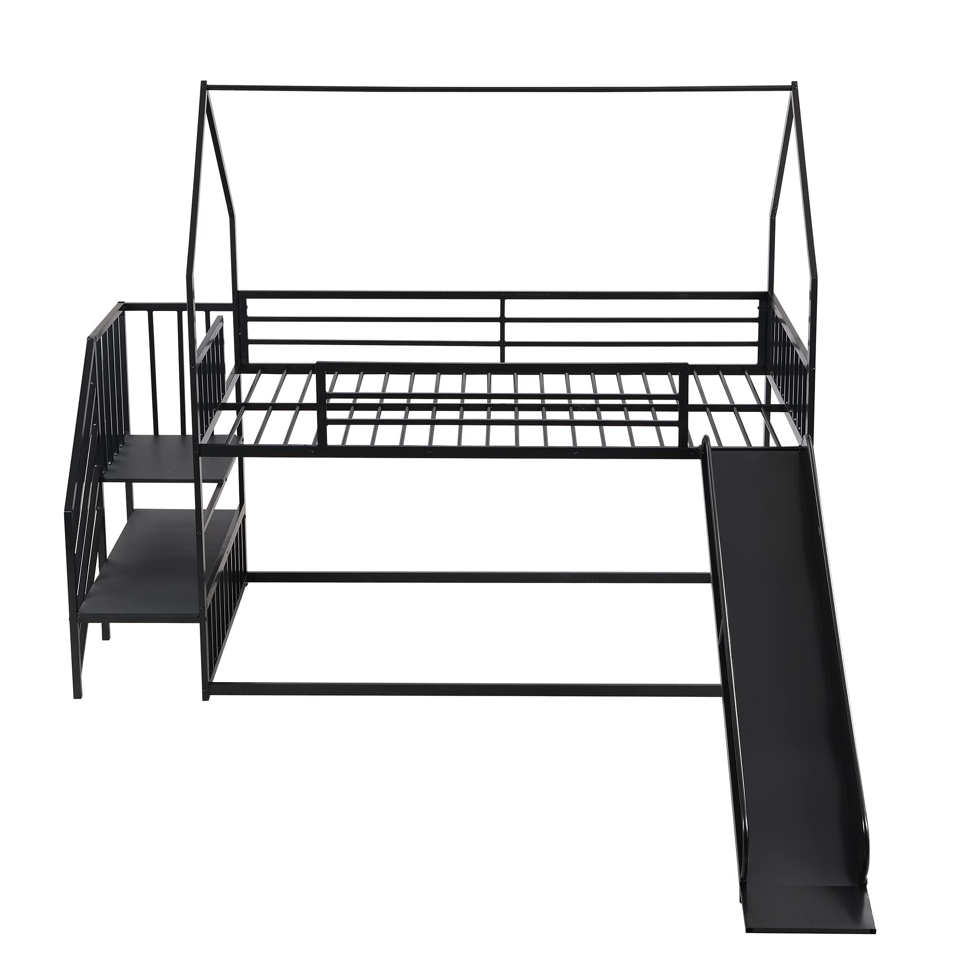 House Bunk Bed Twin Over Twin, Low Bunk Bed with Slide and Storage Stairs, Heavy-Duty Metal Playhouse Bunk Bed Frame for Kids Boys Girls Teens, Black