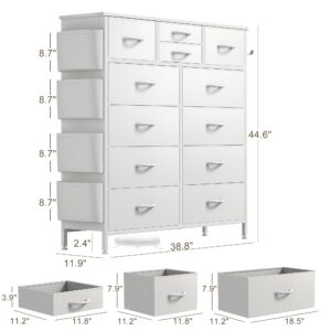 Lulive Dresser for Bedroom with 12 Drawers, Tall Dresser Chest of Drawers with Side Pockets and Hooks, Fabric Dresser Storage Tower for Closet, Hallway, Living Room (White)