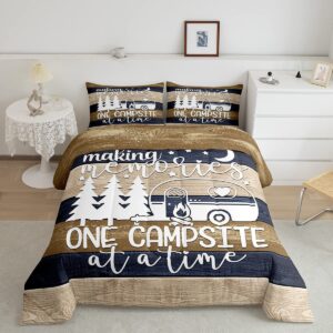 kids camper comforter set queen, happy camping bedding rv decorations for inside camper quilt, teens rustic farmhouse bedding comforter sets for travel trailers vintage wooden planks quilted duvet