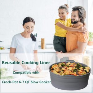 Slow Cooker Liners, Foldable Reusable Silicone Cooking Liners Compatible with Crock-Pot & Hamilton Beach Oval 6-7 QT, Leakproof Dishwasher Safe Slow Cooker Accessories for Most Oval Shape 1 PCS Grey