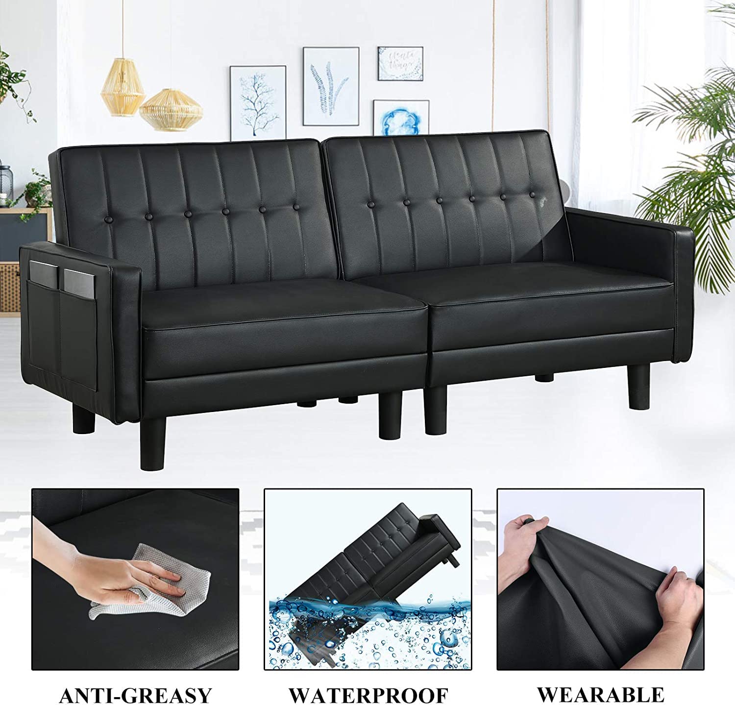 SAMERY Futon Sofa Bed Couch and Sleeper Sofas for Living Room, Faux Leather Convertible Folding Sofa Bed Couch and Loveseat for Small Space with Side Pockets Armrest and Sturdy Legs (Black)